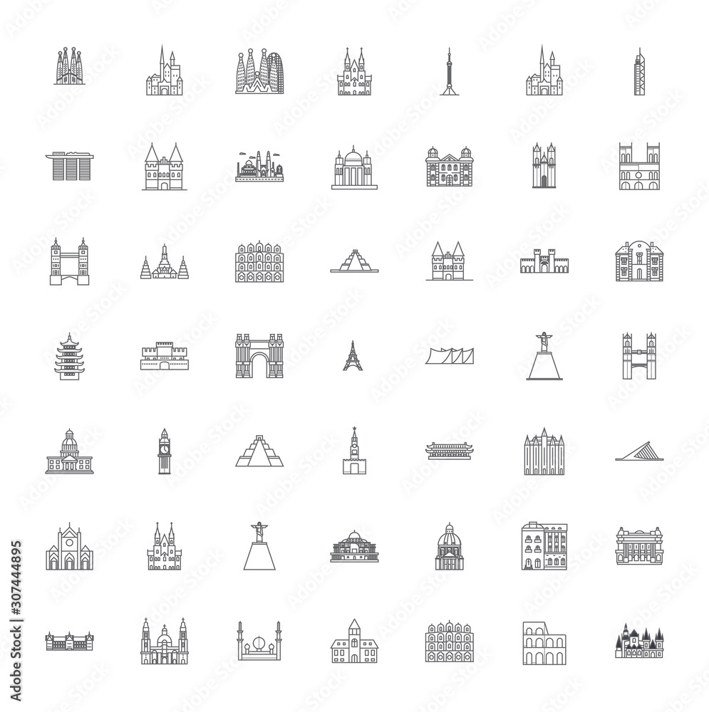 Famous landmarks line icons, signs, symbols vector, linear illustration ...