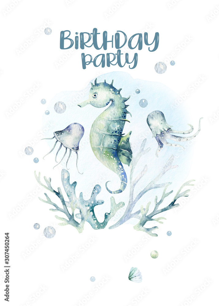 sea animals aquarium baby happy birthday poster. Blue watercolor ocean ...