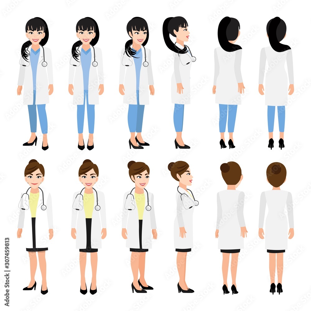 Female doctor cartoon character. Front, side, back, 3-4 view animated ...