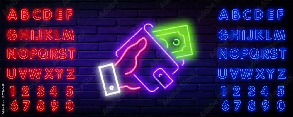 Neon Dollar bills, hand and wallet neon signs. Money, finance and ...