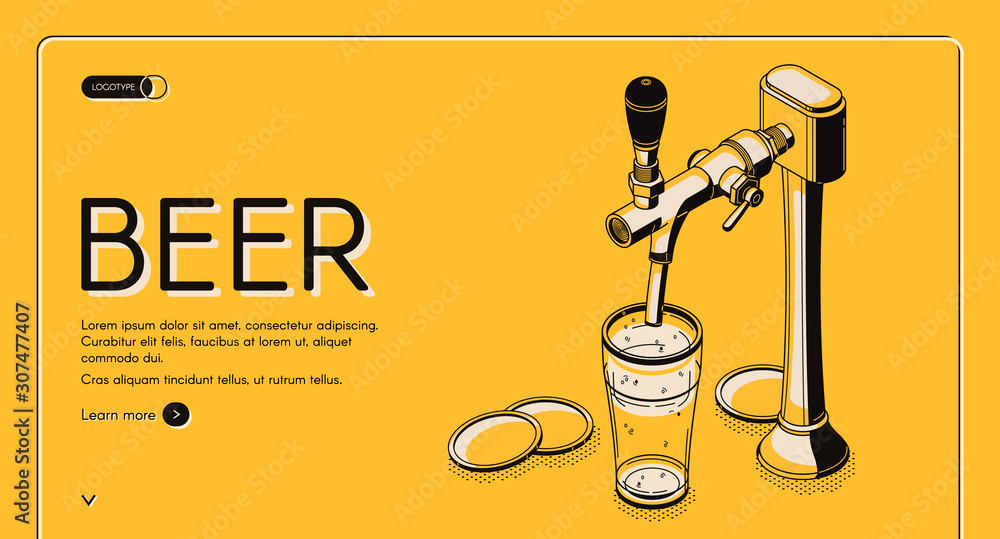 Beer tap isometric landing page, alcohol drink pouring from pub faucet ...