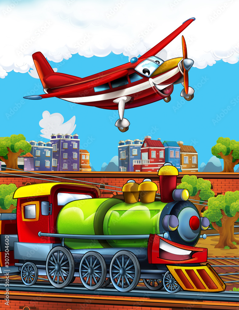 Cartoon funny looking steam train on the train station near the city ...