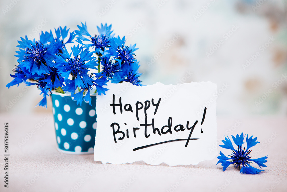 Happy birthday card with lettering and blue cornflower flowers ...