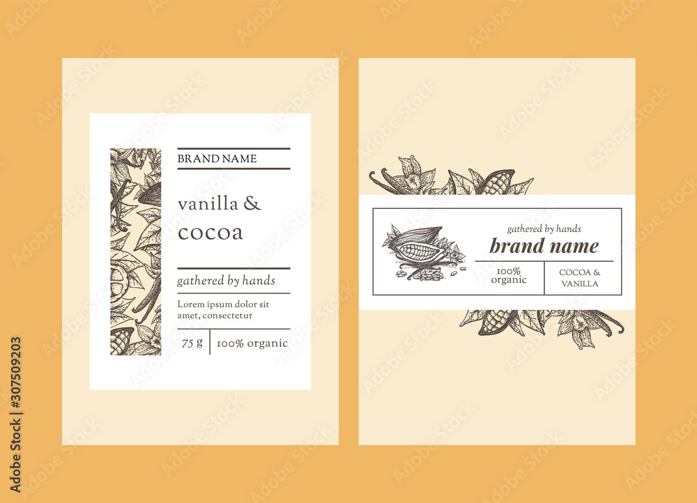 Vector set of package design with cocoa and vanilla hand drawn elements ...