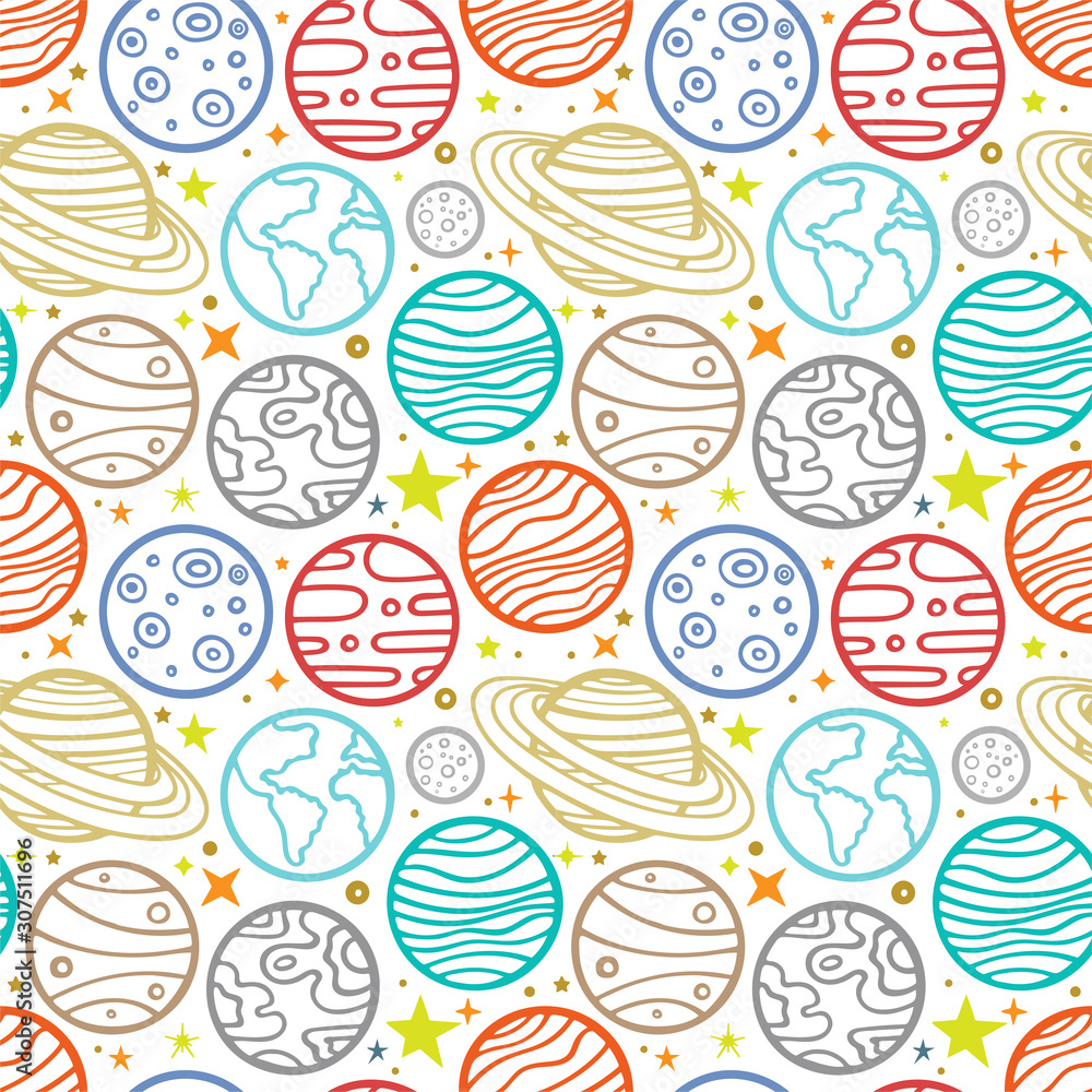 Solar system planets and stars seamless pattern. Hand drawn planets ...