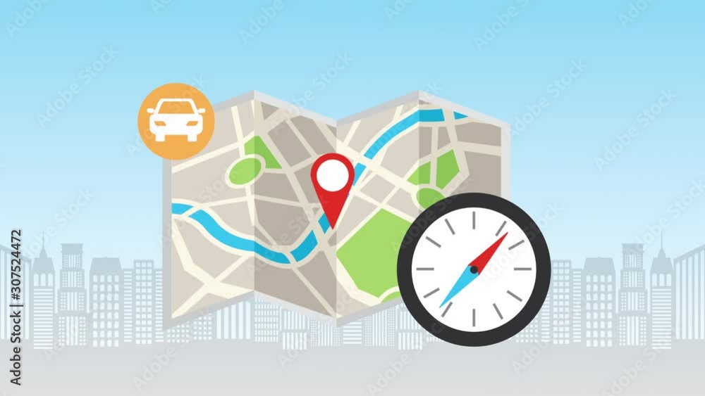map with pin location and compass animation Stock Video | Adobe Stock