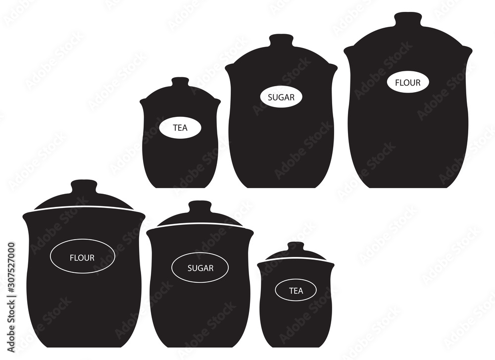 vector illustration of kitchen canisters with the words tea, sugar and ...