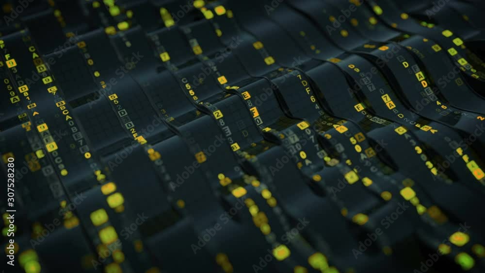 Yellow HEX computer code on curved screen. Futuristic information ...