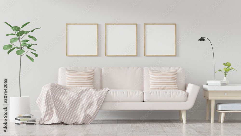 Square poster mockup with Three frames on empty white wall in living ...