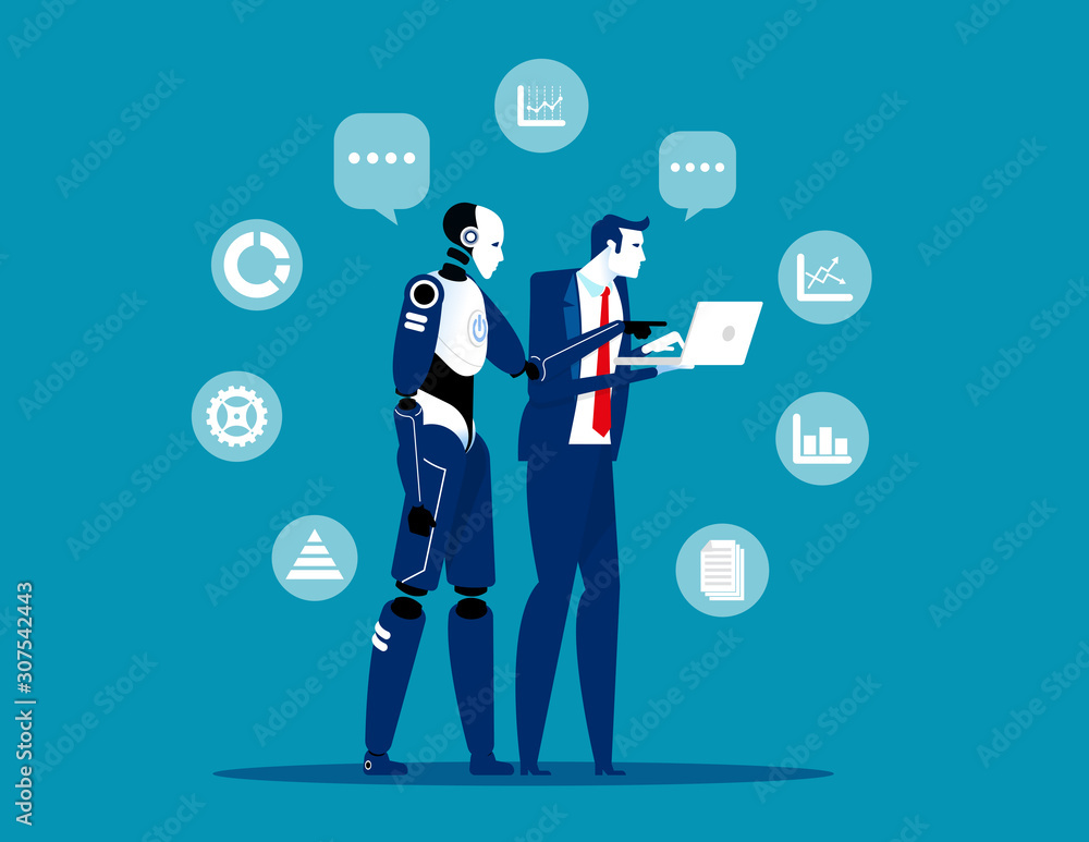 Robot and human working at office. Concept business artificial ...