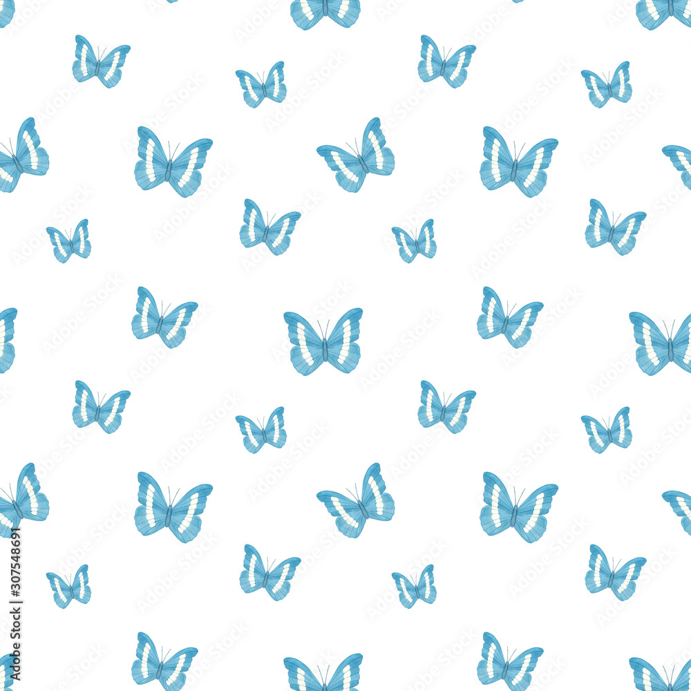Watercolor blue butterfly seamless pattern for spring, summer season ...