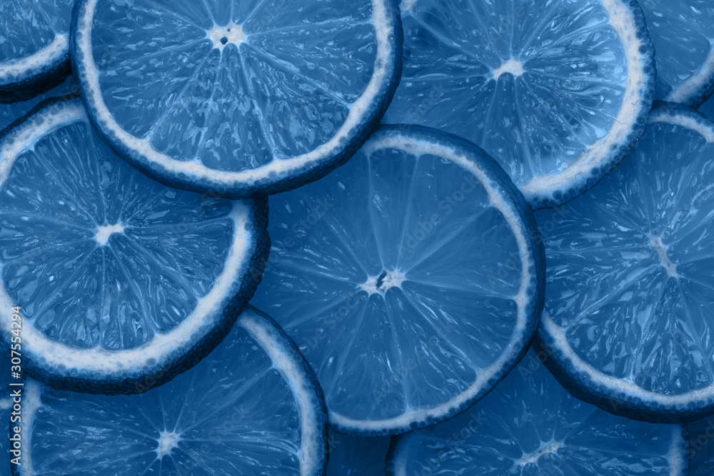 Close-up citrus slices abstract background in Classic blue color of the ...