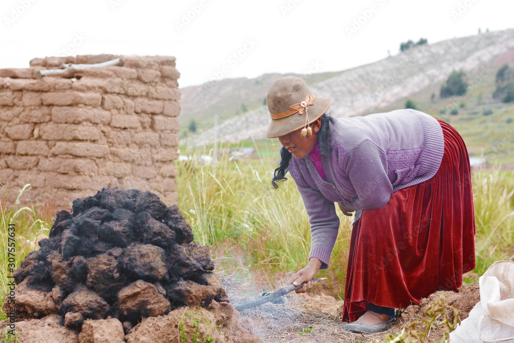 Native american woman cooking in the huatia - traditional eathern oven ...