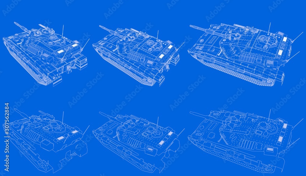 Military 3D Illustration of schema - outlined isolated 3D army tank ...