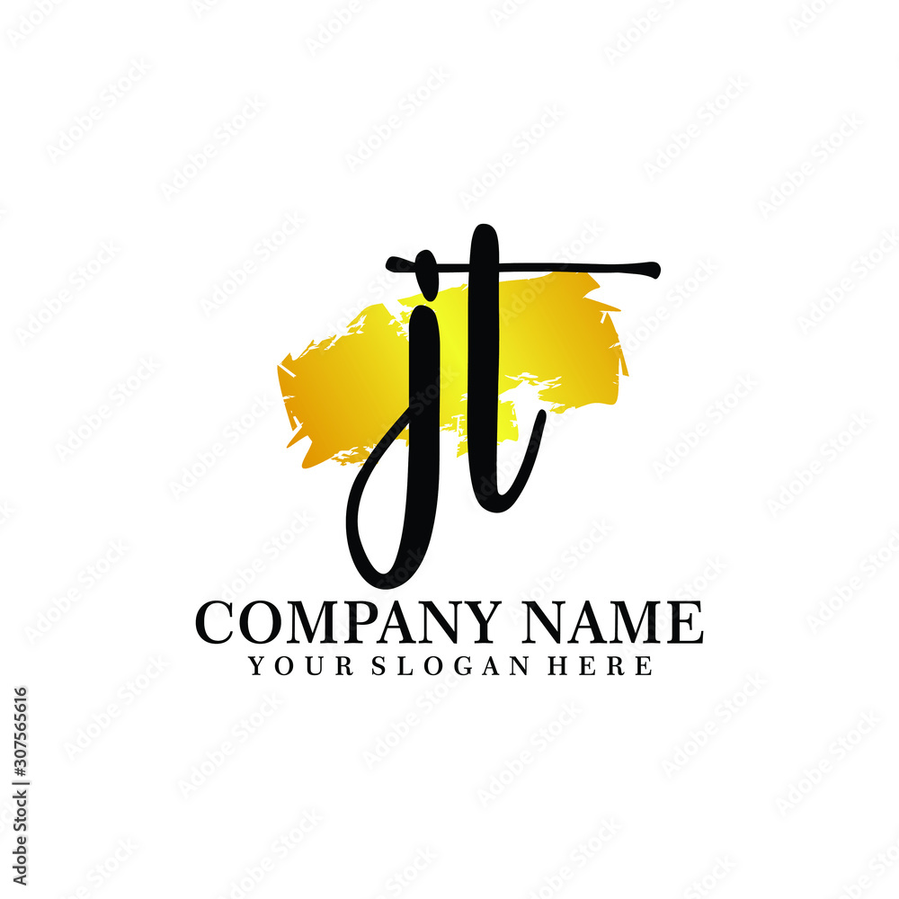 letter JT handwriting Black color logo, and elegant gold brush template ...