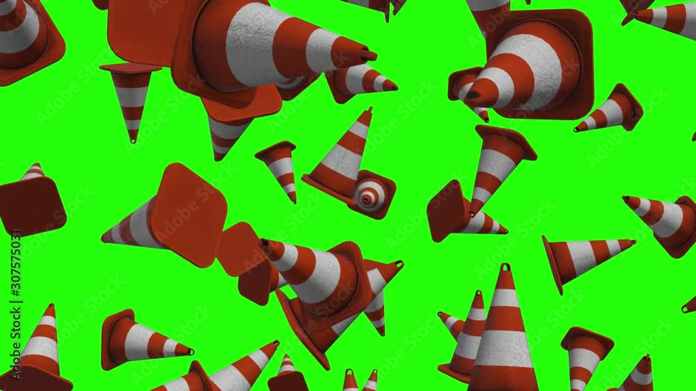 Rain of 3d simple orange traffic cones falling on green screen ...