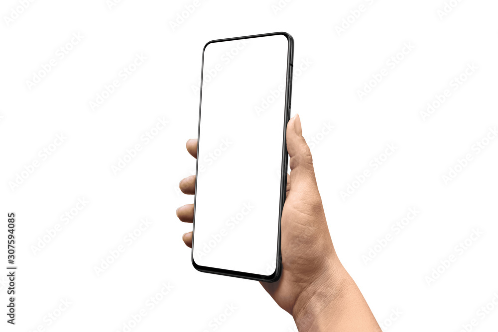 Hand showing modern smartphone without camera. Isolated background and ...
