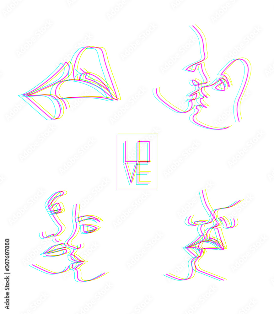 Kissing couple, kiss, lips. Glitch, 3D effect line,chromatic aberration ...