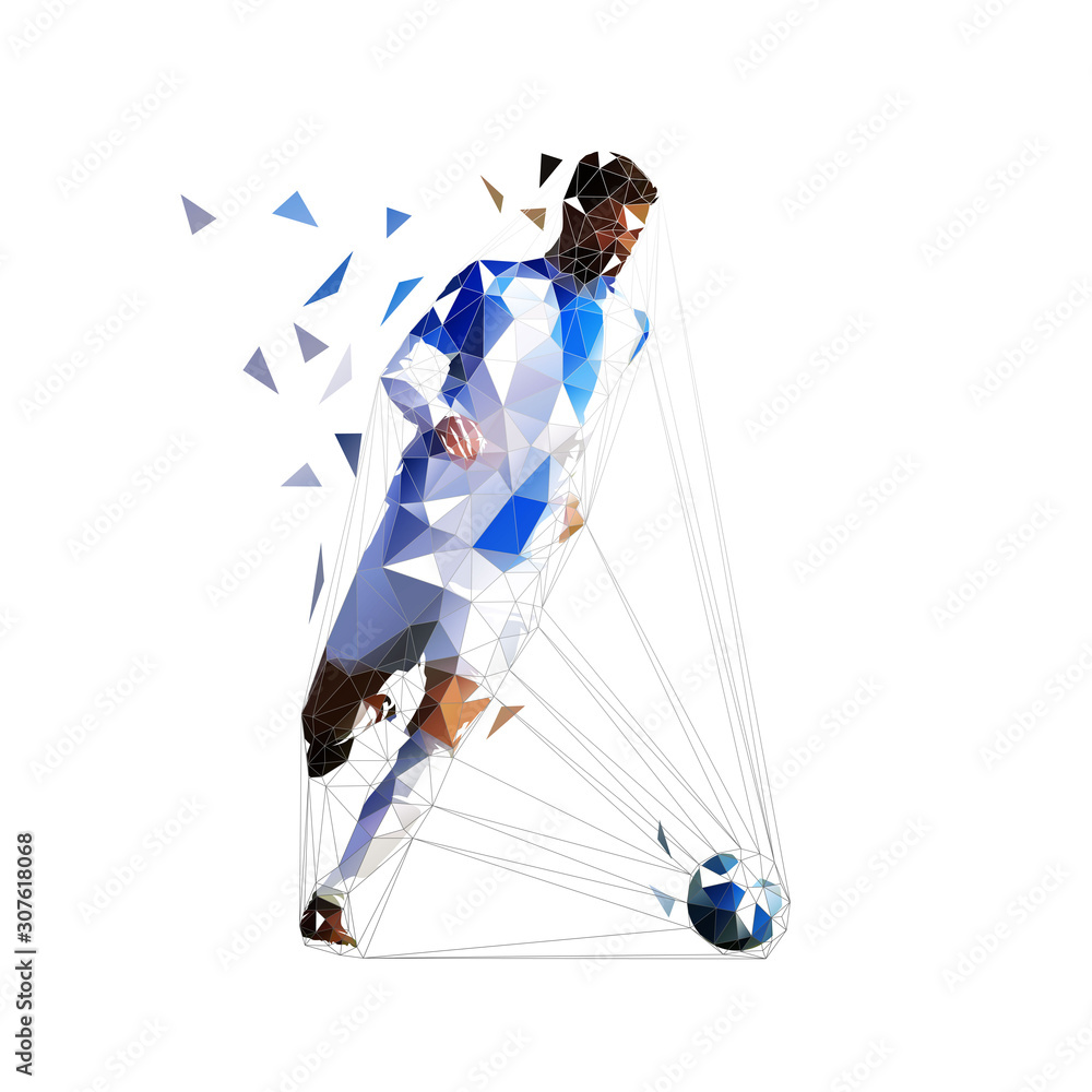 Soccer player running with ball, low poly isolated vector illustration ...