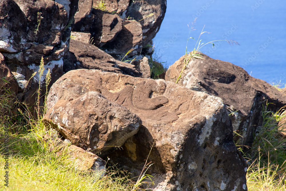 Stone petroglyphs in the village of Orongo in Easter Island. Easter ...