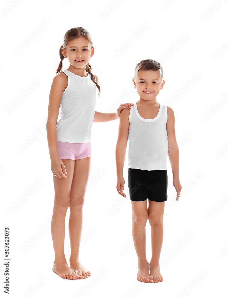 Cute little children in underwear on white background Stock Photo ...