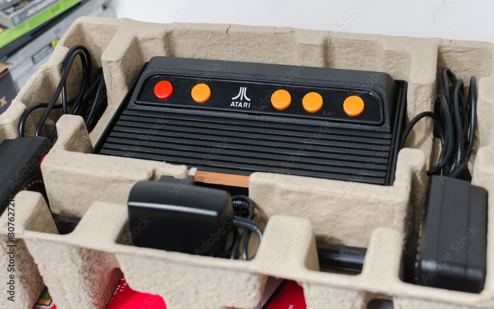 london, england, 05/05/2018 A Retro vintage atari flashback 3 arcade console re issue. A modern ...