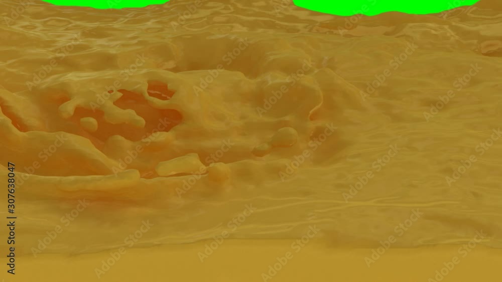 Animated close up of great amount of realistic orange juice rapidly ...