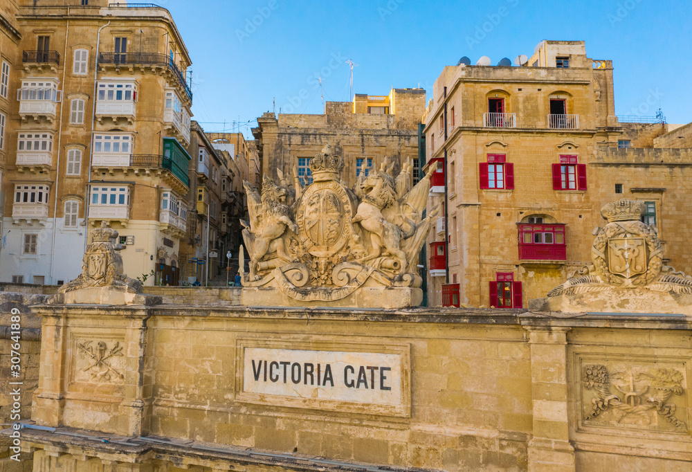 Close up, aerial view of Victoria gate in Valletta, the capital city of ...