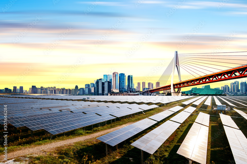 Photovoltaic and modern city skyline, China Chongqing. Stock Photo ...