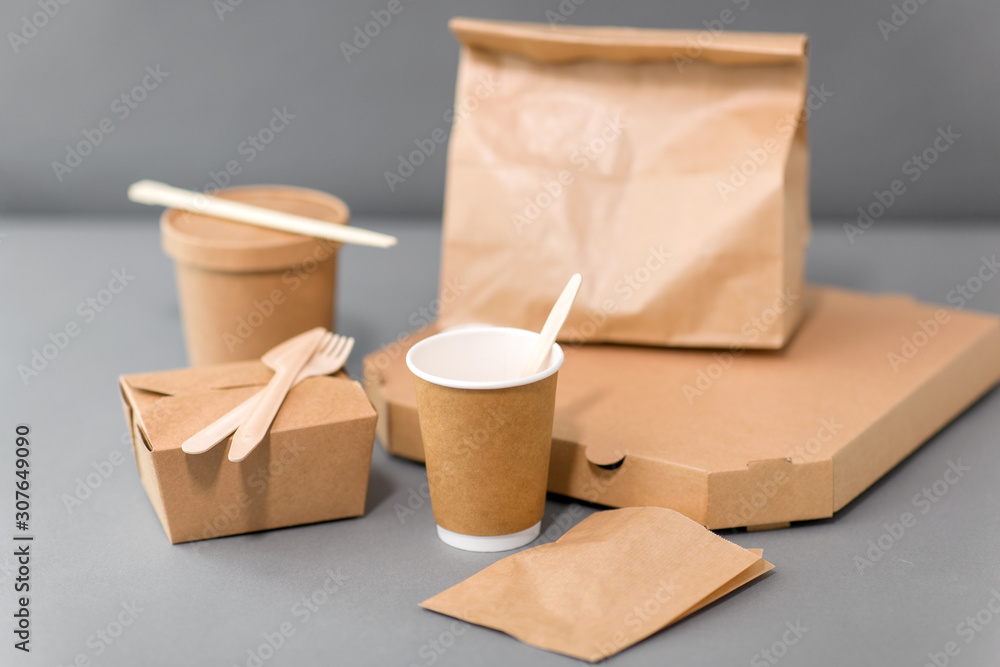 package, recycling and eating concept - disposable paper containers for ...