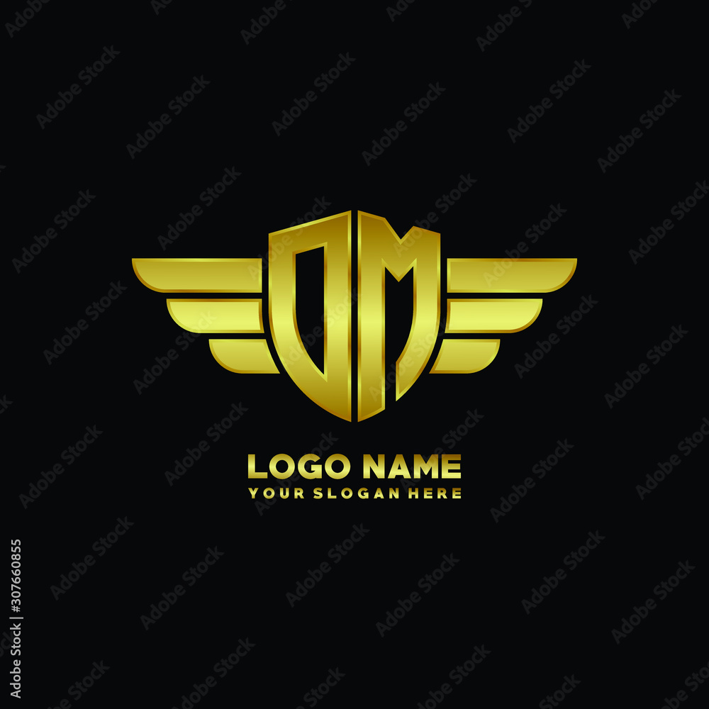 initial letter DM shield logo with wing vector illustration, gold color ...