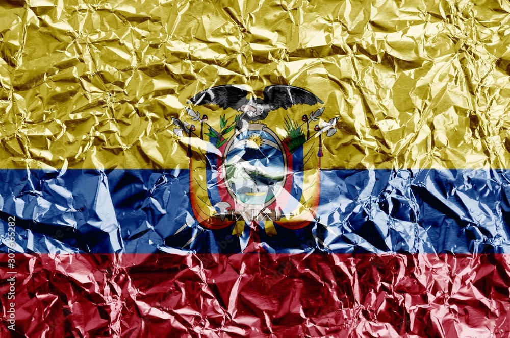 Ecuador flag depicted in paint colors on shiny crumpled aluminium foil ...
