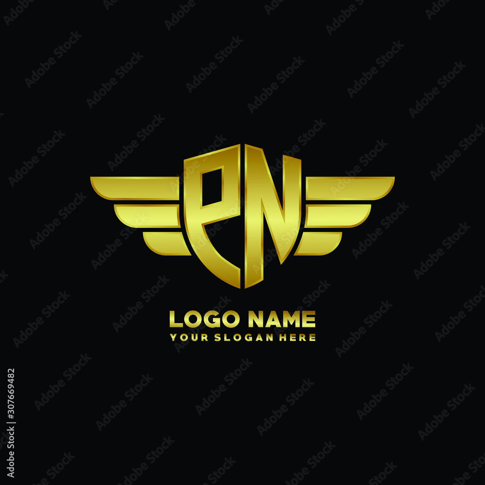 initial letter PN shield logo with wing vector illustration, gold color ...