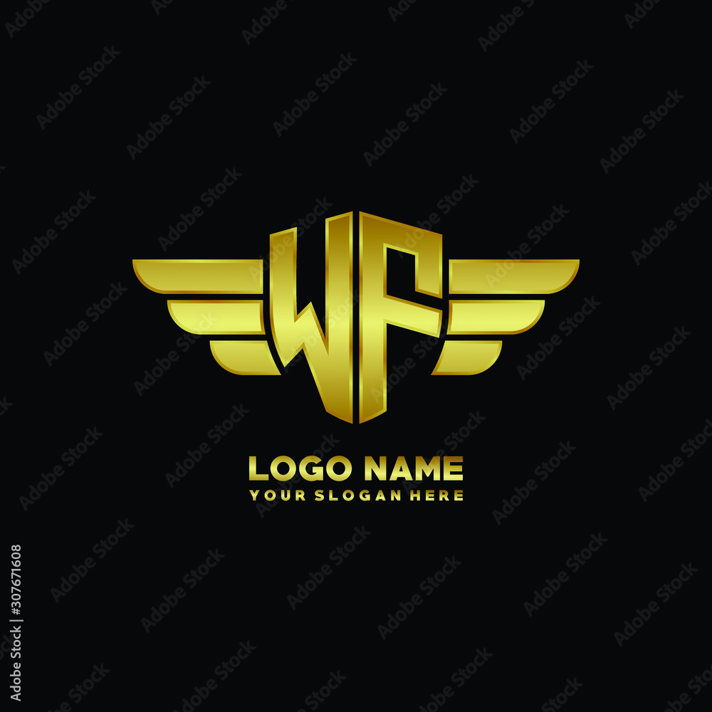 initial letter WF shield logo with wing vector illustration, gold color ...