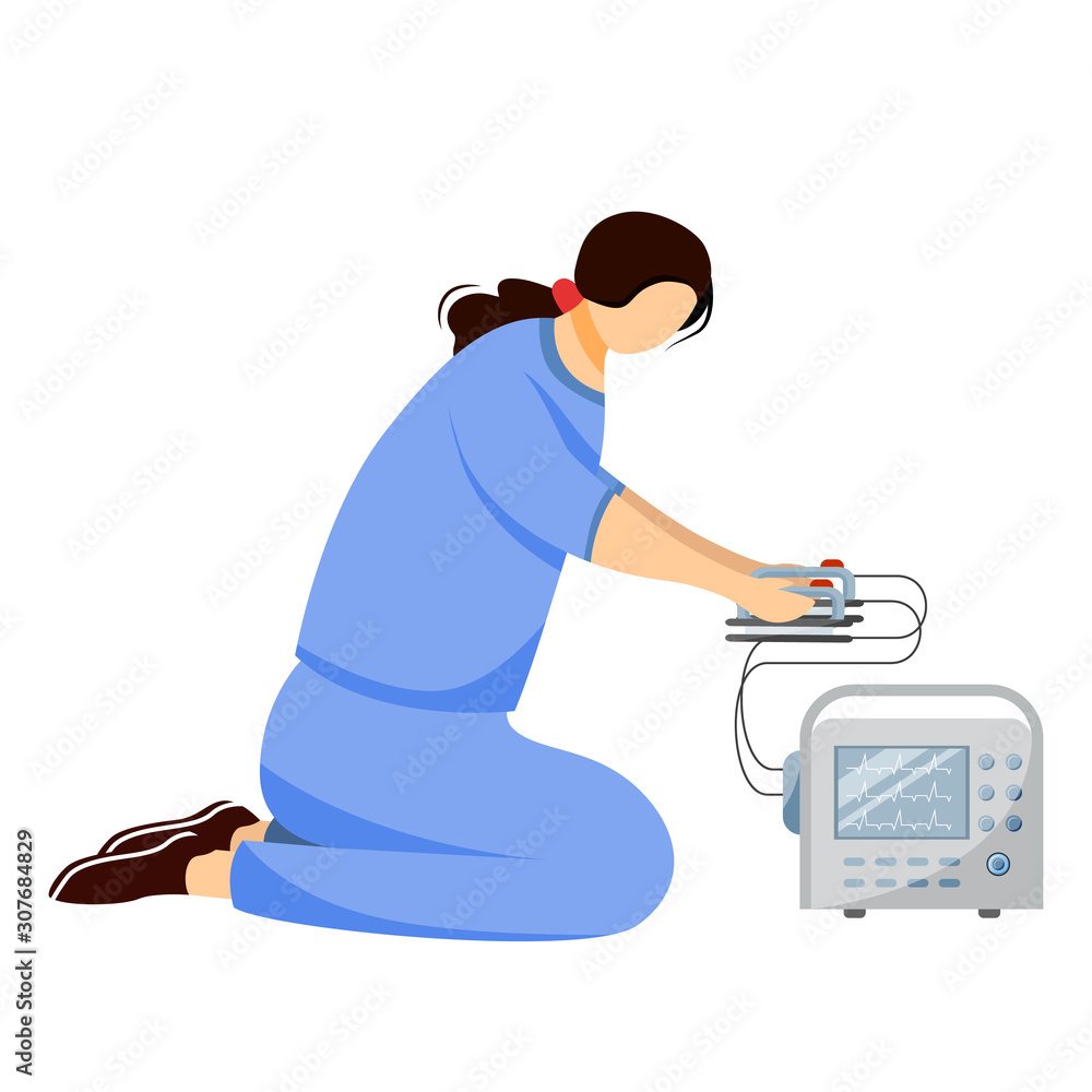 Emergency doctor with defibrillator flat vector illustration. First aid ...