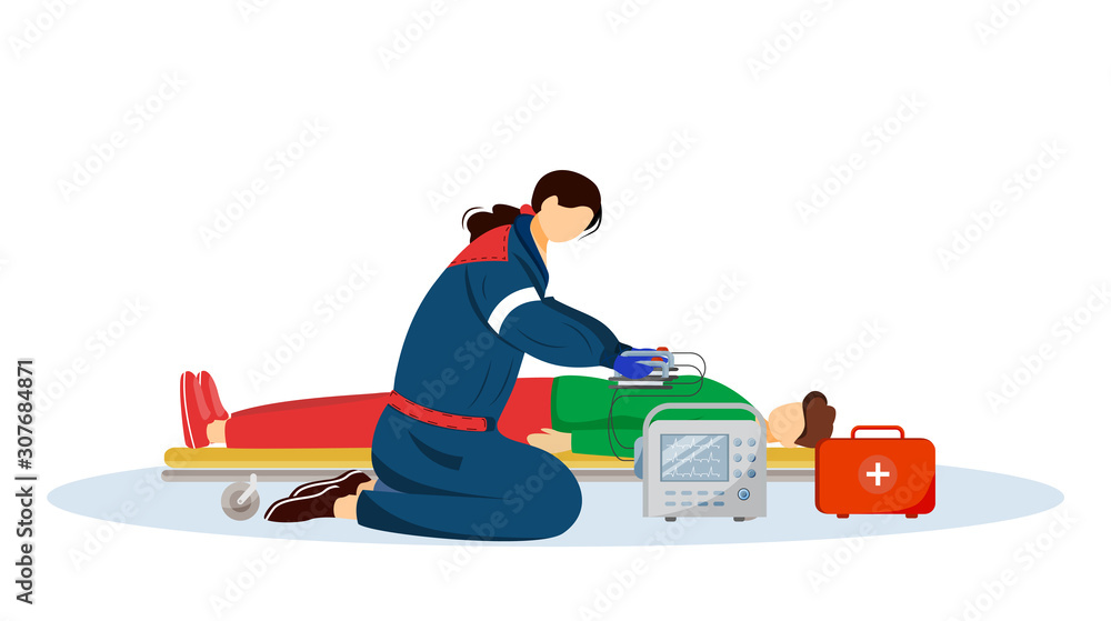 Paramedic giving first aid with defibrillator flat illustration ...