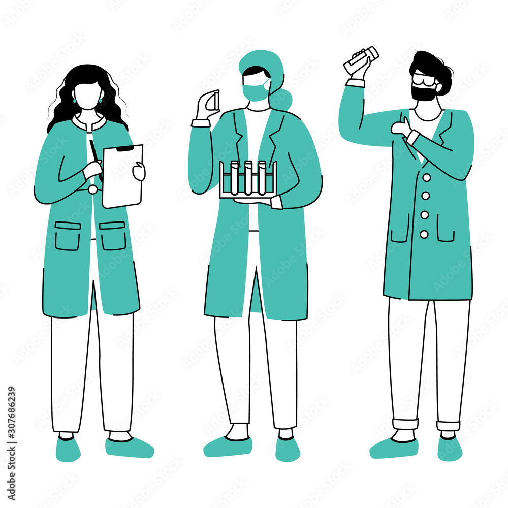 Scientists in lab coats flat contour vector illustration. Conducting ...