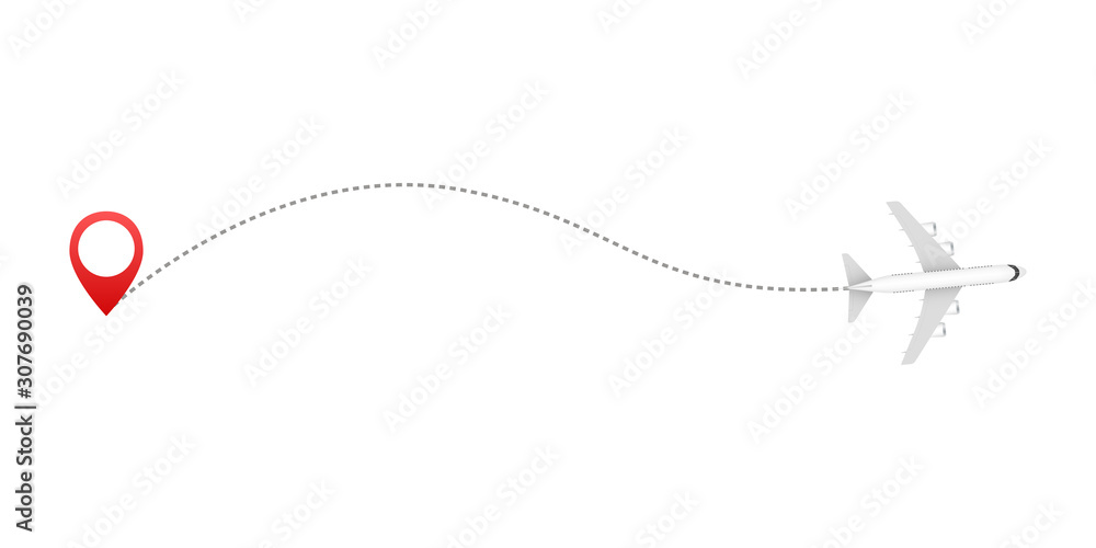 Airplane line path icon of air plane flight route with start point and ...