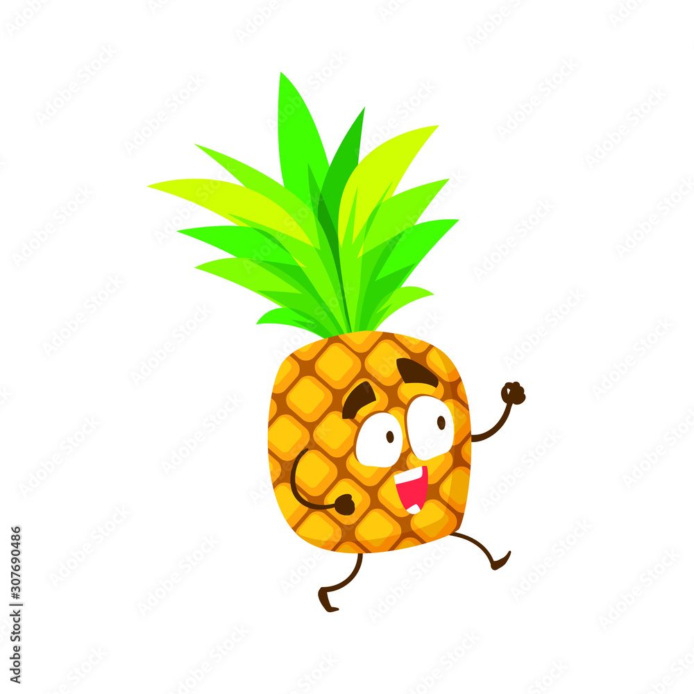 Funny and cute running cartoon character of pineapple, vector ...