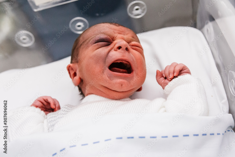 niño en incubadora recién nacido, bebé de un día llorando en el ...
