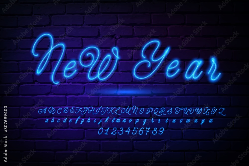 Glowing neon script alphabet. Blue Neon font with uppercase and ...