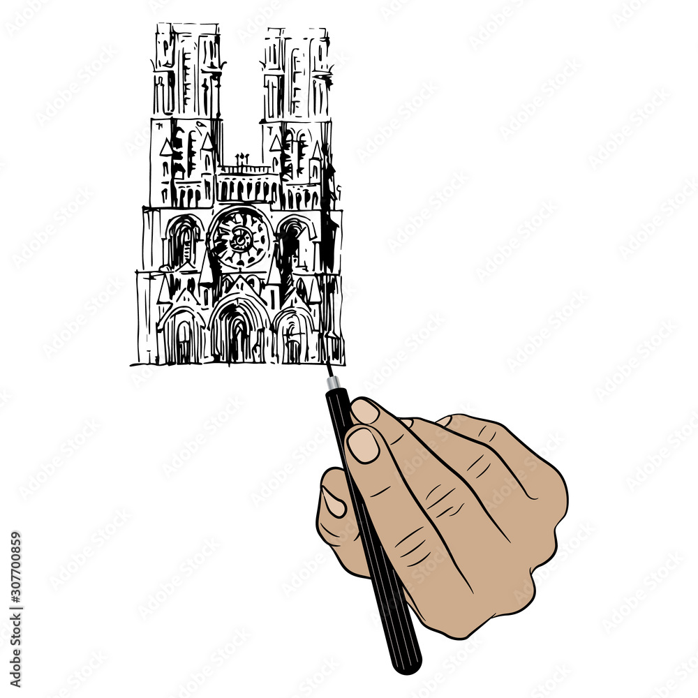 Human hand drawing medieval cathedral with a pen. Concept of creativity ...