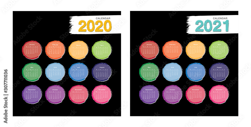 Colorful Year 2020 and Year 2021 calendar horizontal vector design ...