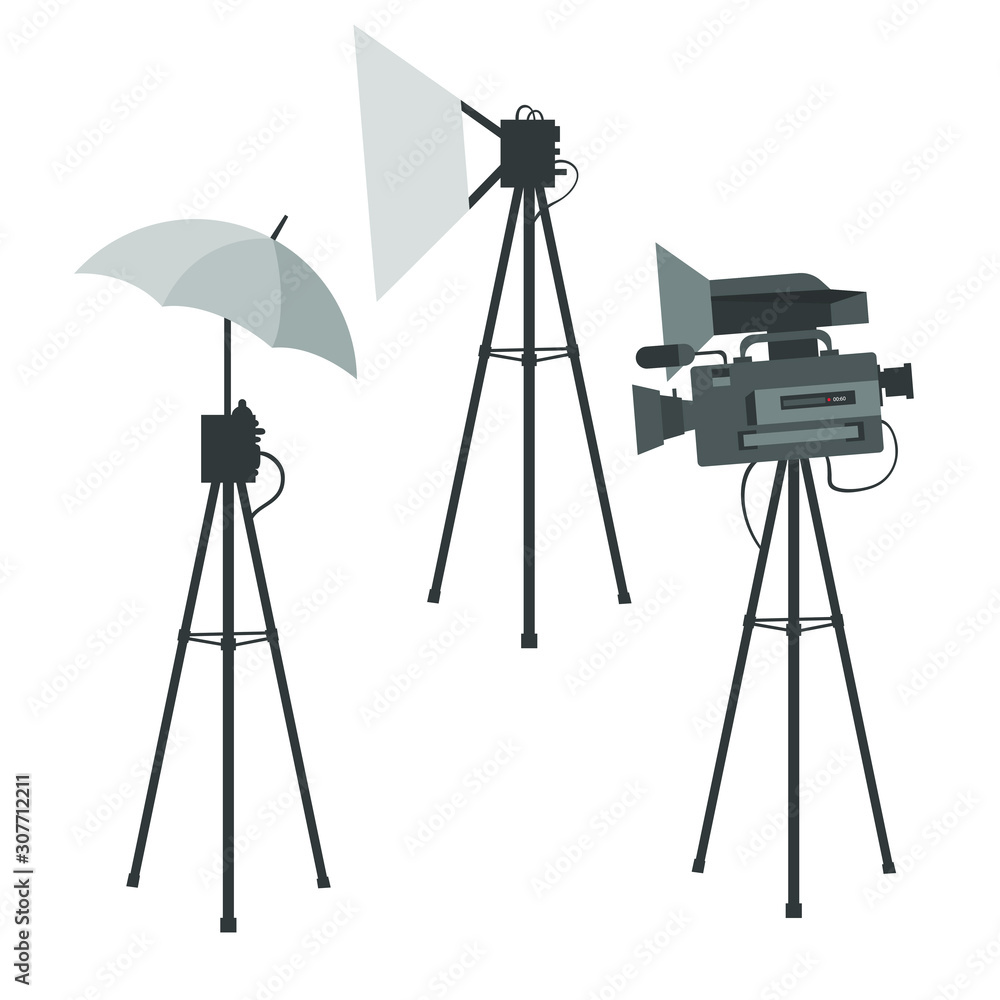 Flat cartoon photo studio equipment set, camera, light and ubrella ...