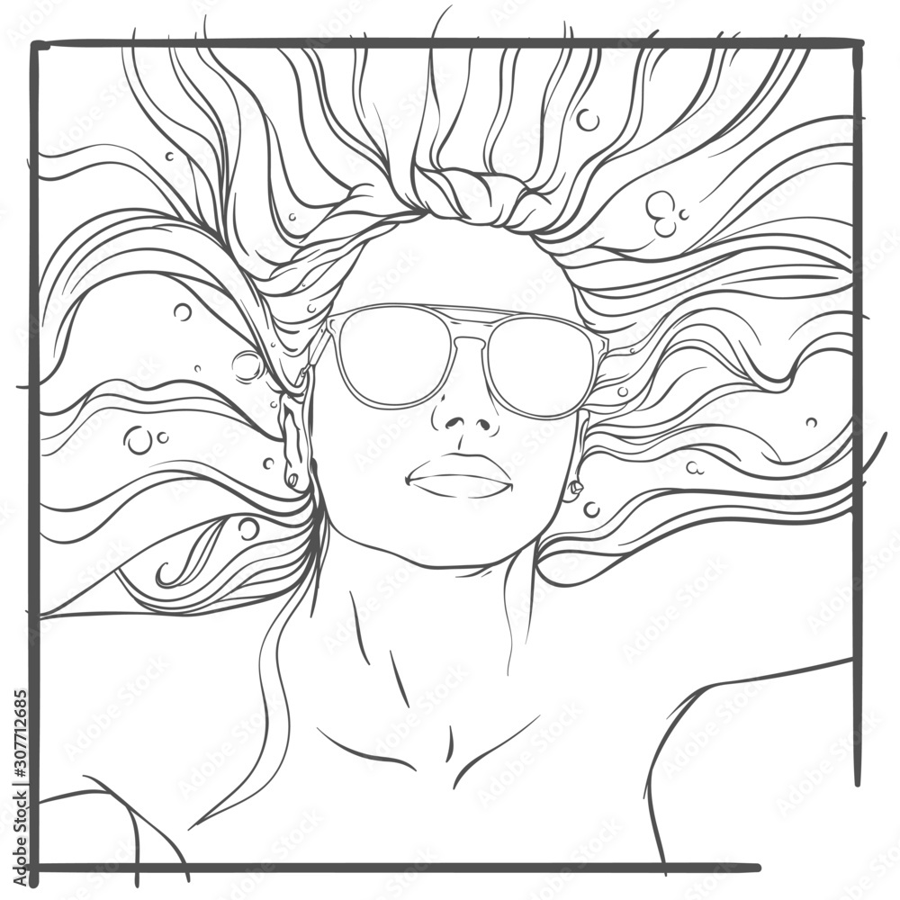 Girl with long hair and sunglasses in water, girl in the pool line art ...
