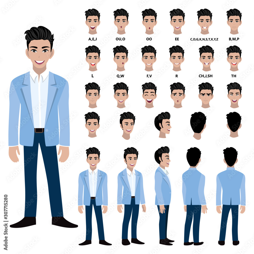 Cartoon character with business man in suit for animation. Front, side ...