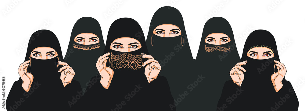 Group of women, beautiful muslim women in black niqab - vector ...
