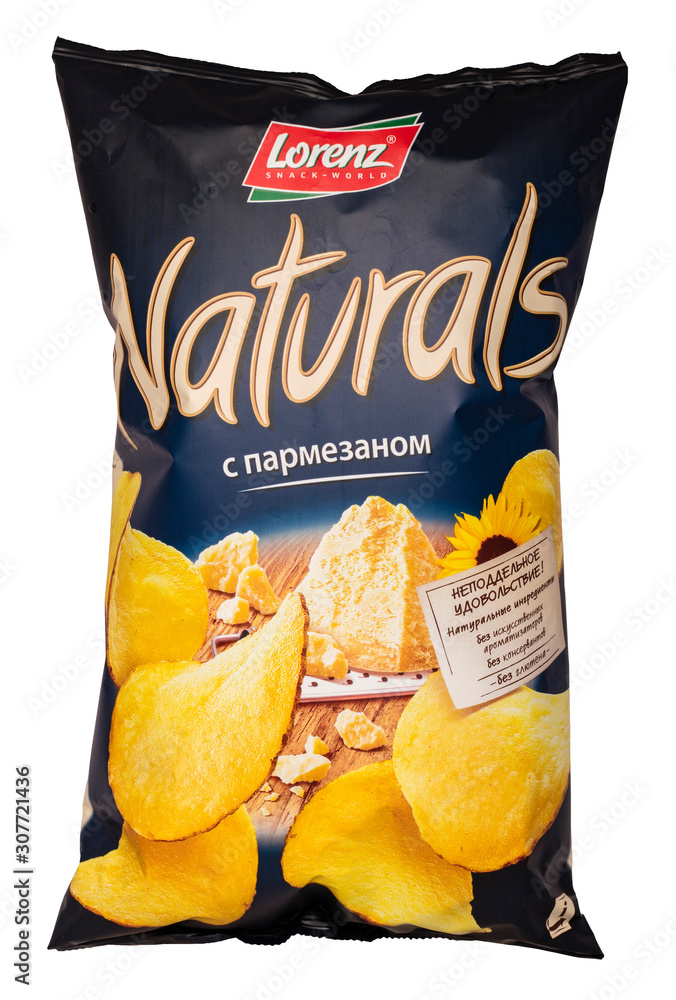 Top view of Lorenz Naturals parmesan cheese potato chips bag isolated ...