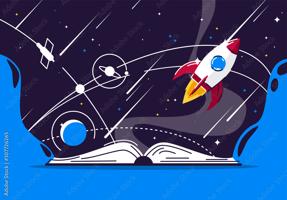 Vector illustration open book, space with rocket, planets, stars, space ...