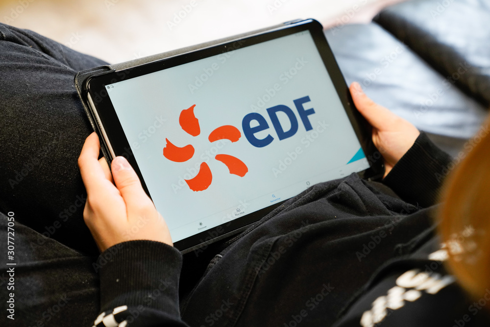EDF logo sign on screen tablet french electricity provider signage ...